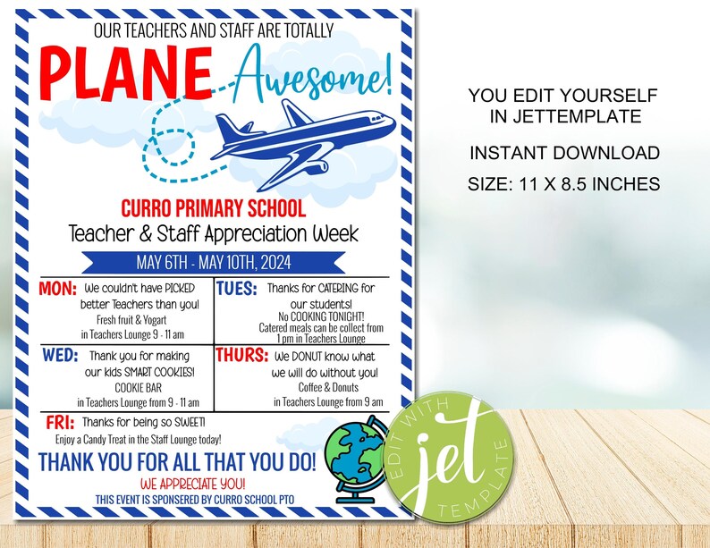 Editable Plane AWESOME Teacher Appreciation Week Itinerary, Flyer ...