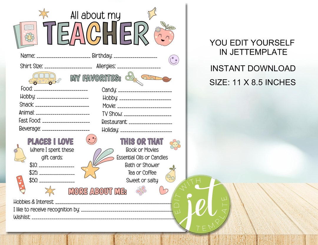 EDITABLE All About My Teacher Printable, Favorite Things Questionnaire ...