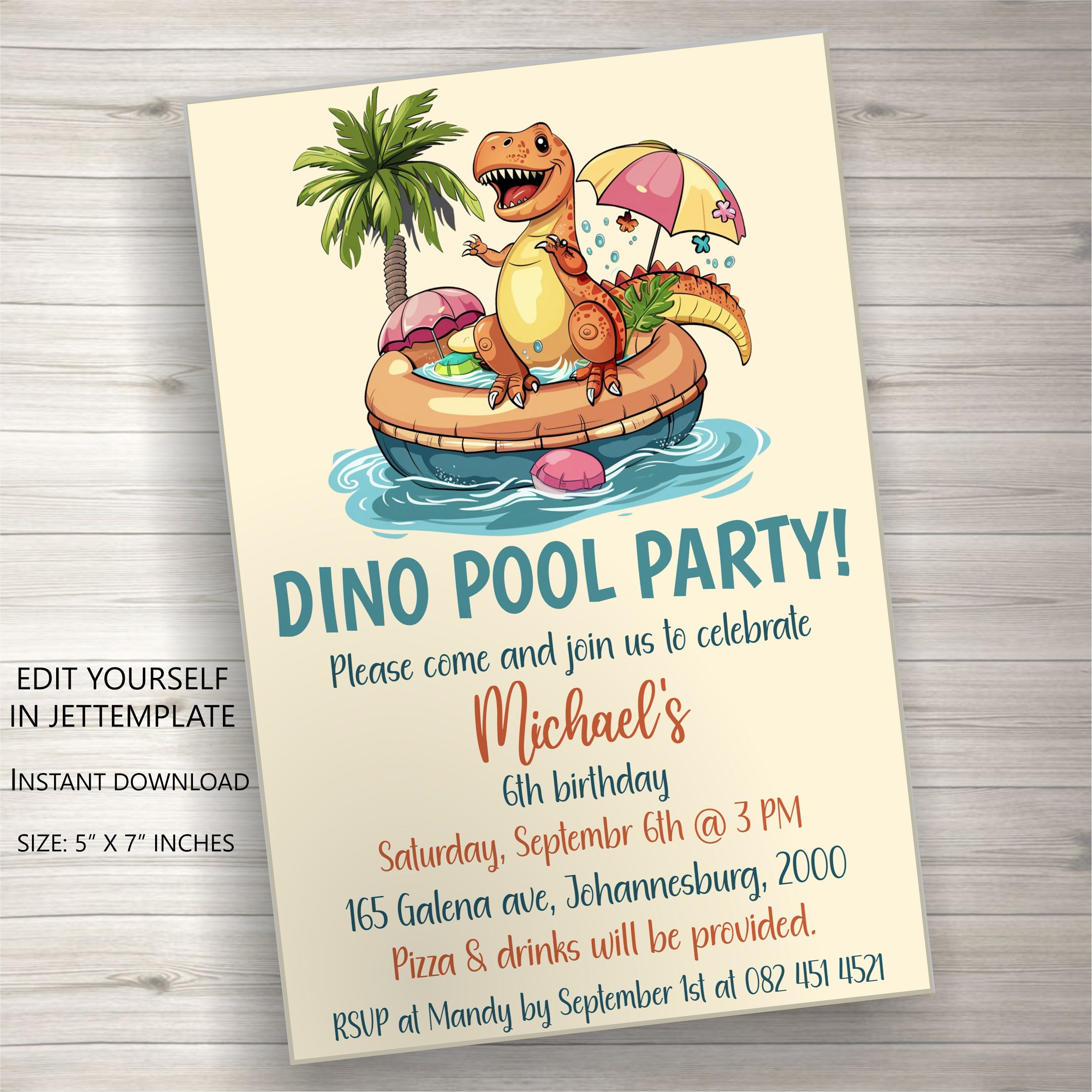 EDITABLE Dinosaur Pool Party Invitation, Dino Pool Party Invite, Dino ...