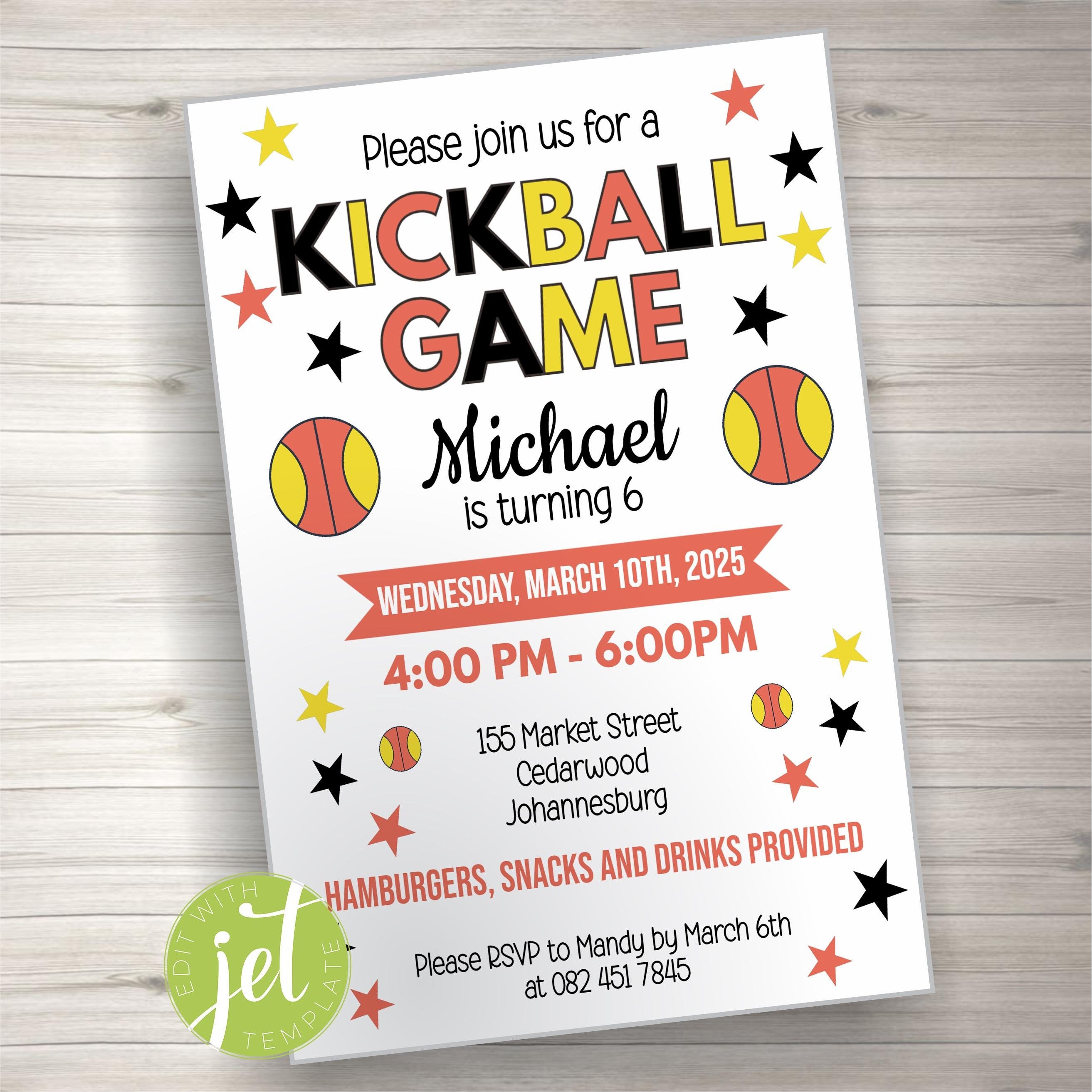Editable Kickball Invitation Template, Kickball Birthday Invite, Party ...