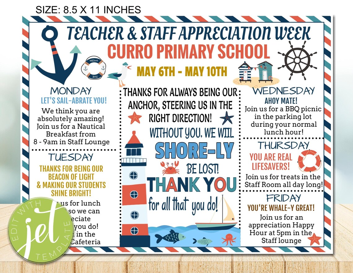 EDITABLE Nautical Beach Themed Teacher Appreciation Week Itinerary ...