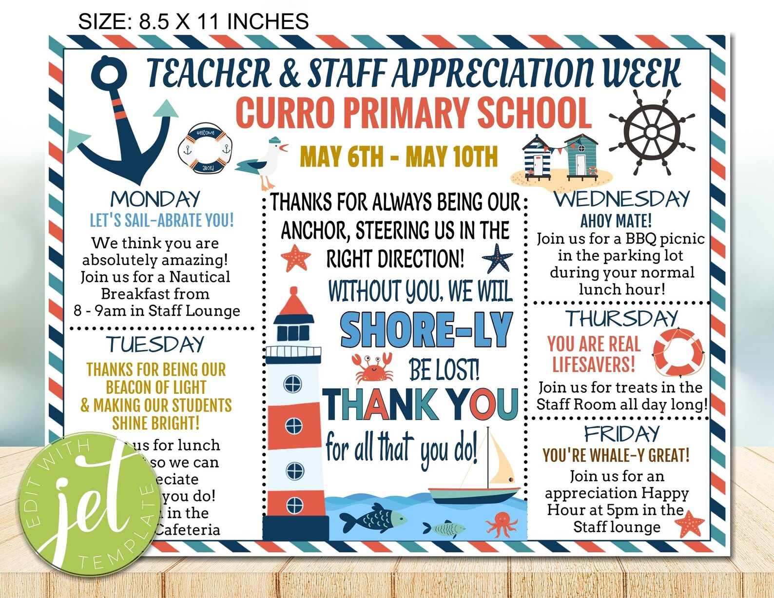 EDITABLE Nautical Beach Themed Teacher Appreciation Week Itinerary ...