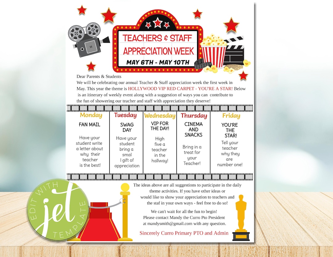 EDITABLE Hollywood Teacher Appreciation Staff Invitation Newsletter ...