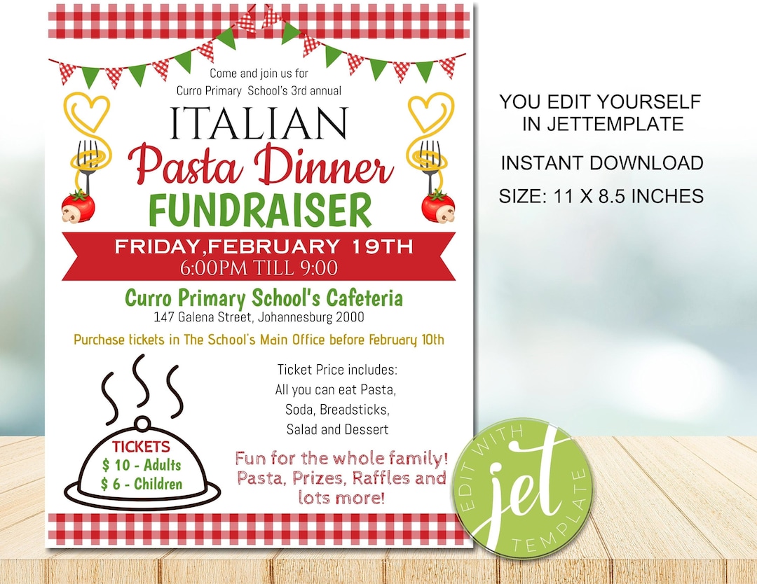 EDITABLE Spaghetti Dinner Fundraiser Flyer, Italian Pasta Dinner ...