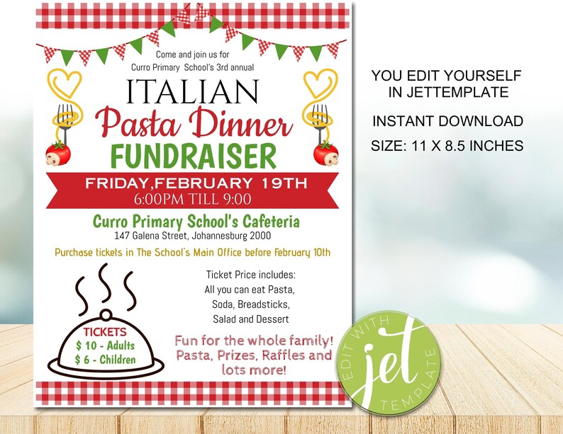 EDITABLE Spaghetti Dinner Fundraiser Flyer, Italian Pasta Dinner ...