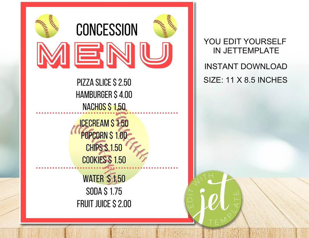Editable Softball Concession Menu Theme, Concession Menu Template ...