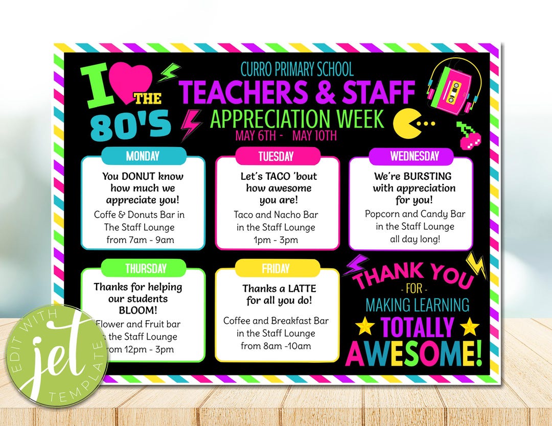EDITABLE 80s 90s Theme Teacher Appreciation Week Itinerary, Neon ...