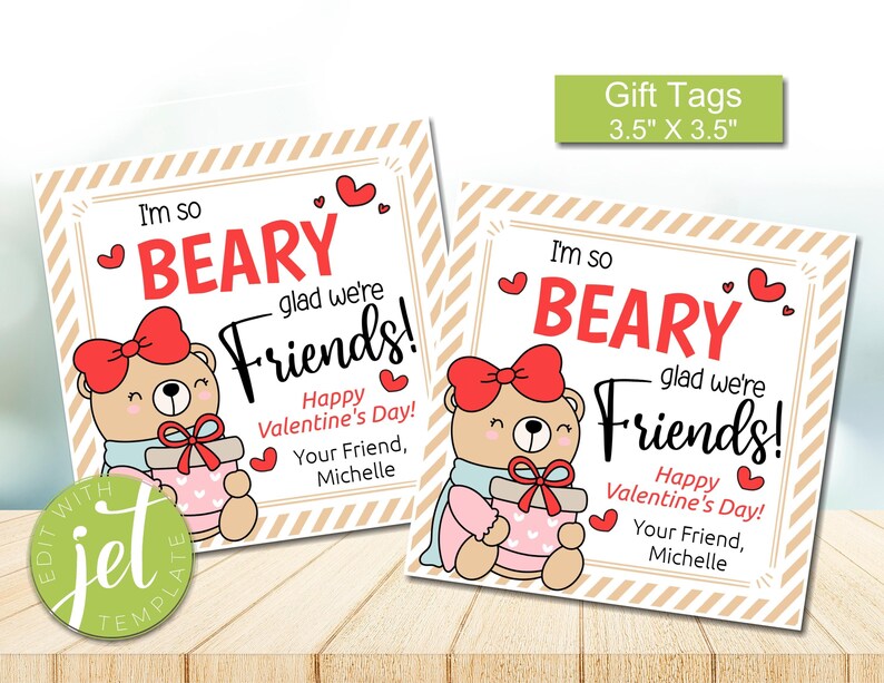 Editable I'm so Beary Glad We're Friends, Printable Class Valentine's ...