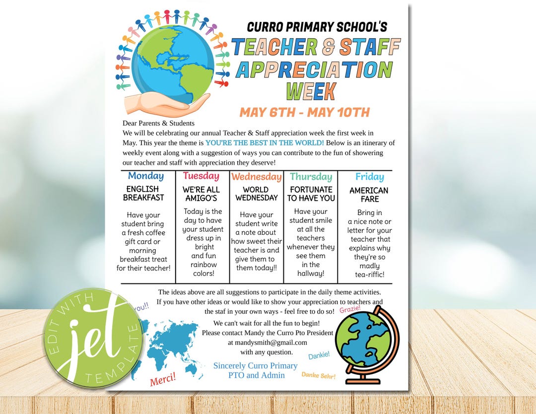 Editable World Theme Teacher & Staff Appreciation Week Printable Invite ...