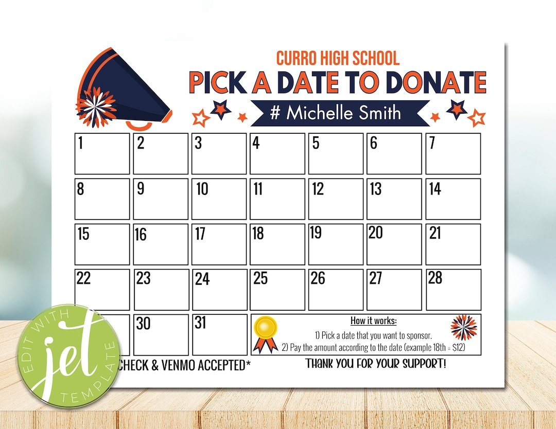 Editable Cheer Calendar Pick a Date to Donate Fundraiser Template ...