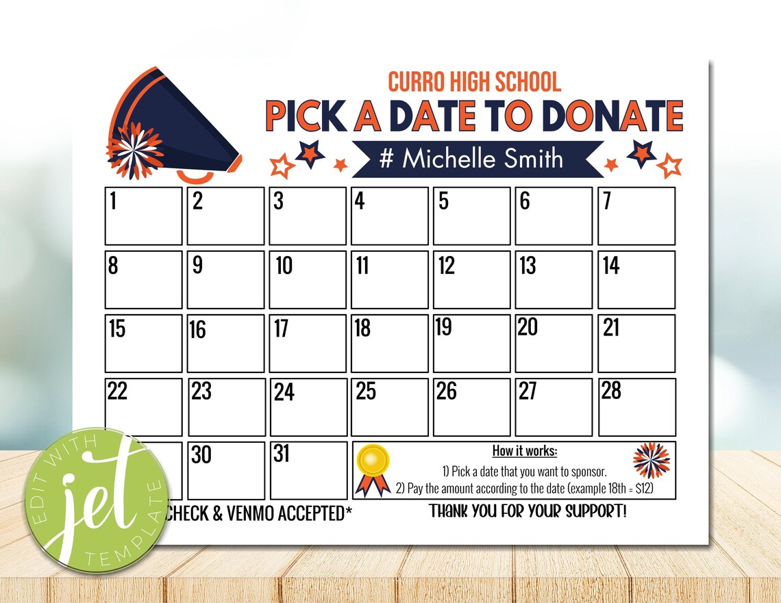 Editable Cheer Calendar Pick a Date to Donate Fundraiser Template ...