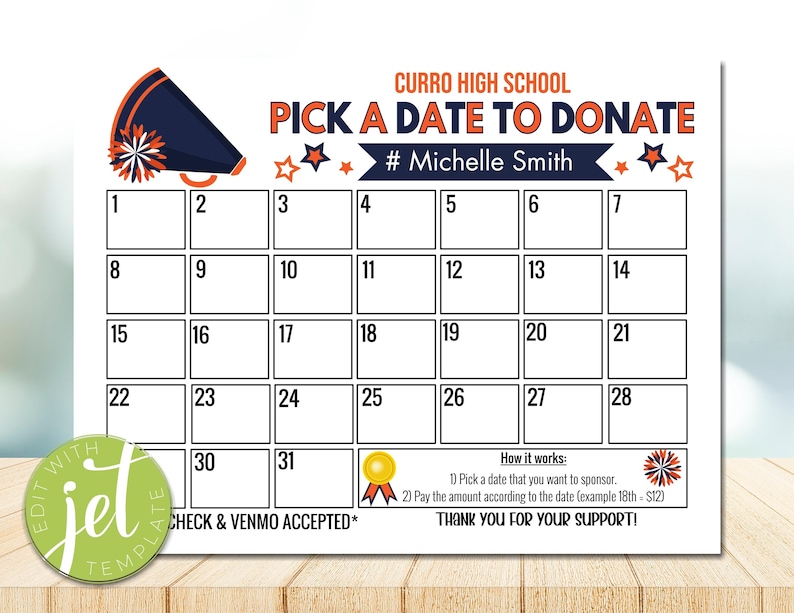 Editable Cheer Calendar Pick a Date to Donate Fundraiser Template ...