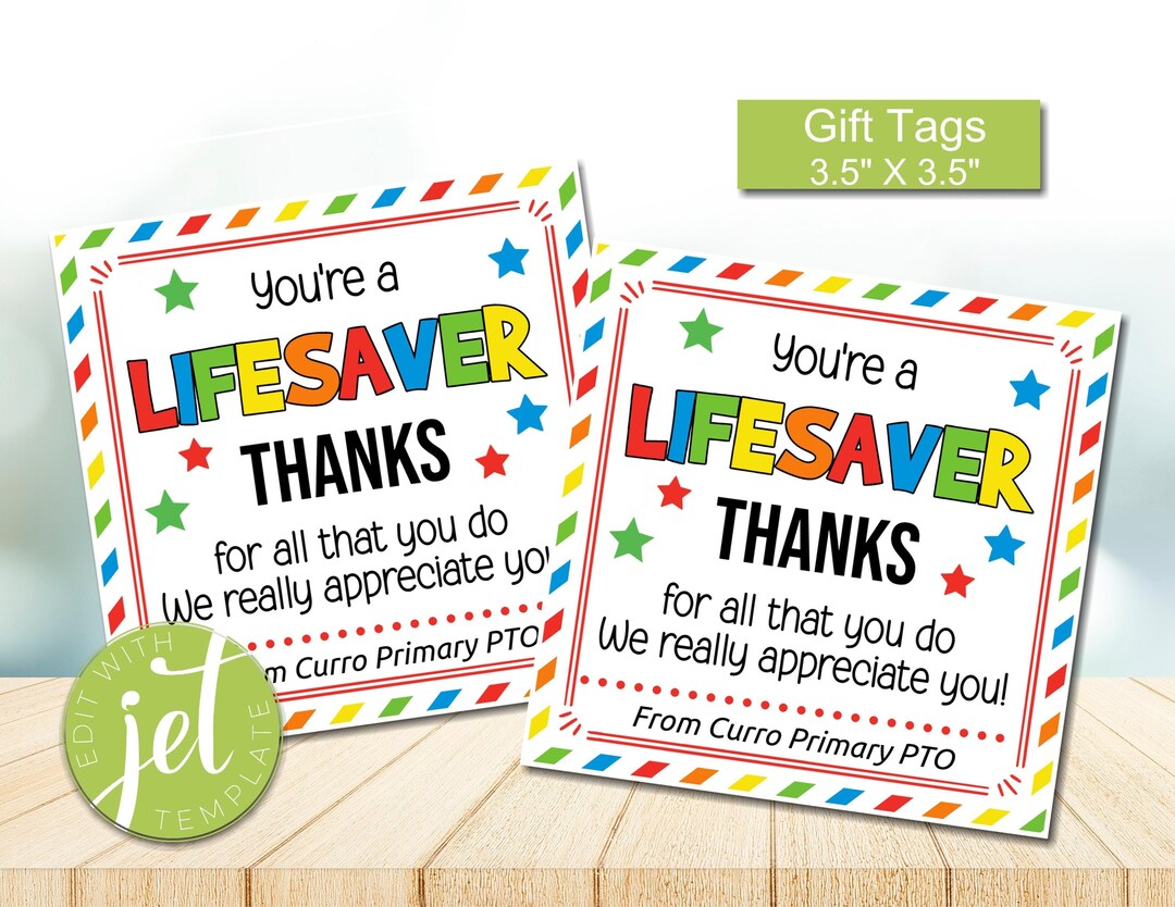 Editable Lifesaver Thank You Gift Tags, Appreciation Gift Tags, Teacher ...