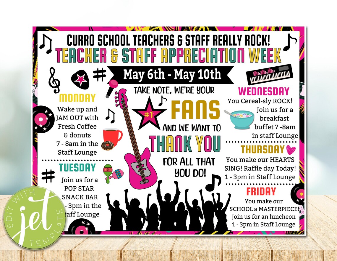 EDITABLE Rockstar Theme Teacher Appreciation Week Itinerary Flyer ...