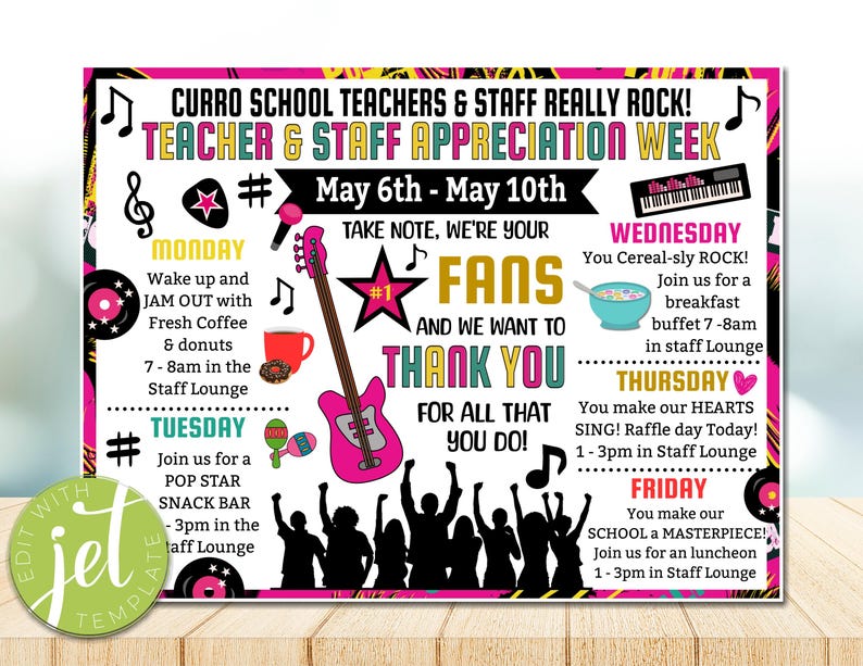 EDITABLE Rockstar Theme Teacher Appreciation Week Itinerary Flyer ...