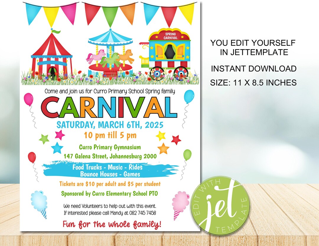 Editable Spring Carnival Flyer, Family Carnival Flyer, PTA PTO Flyer ...