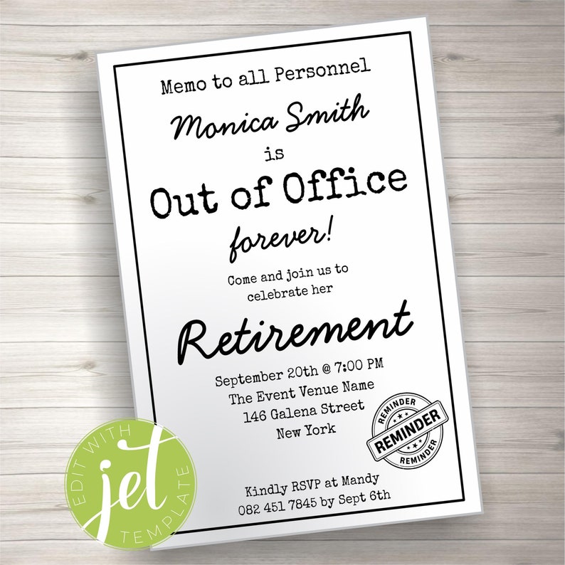Editable Funny Out of Office Forever Retirement Party Memo, Retirement ...