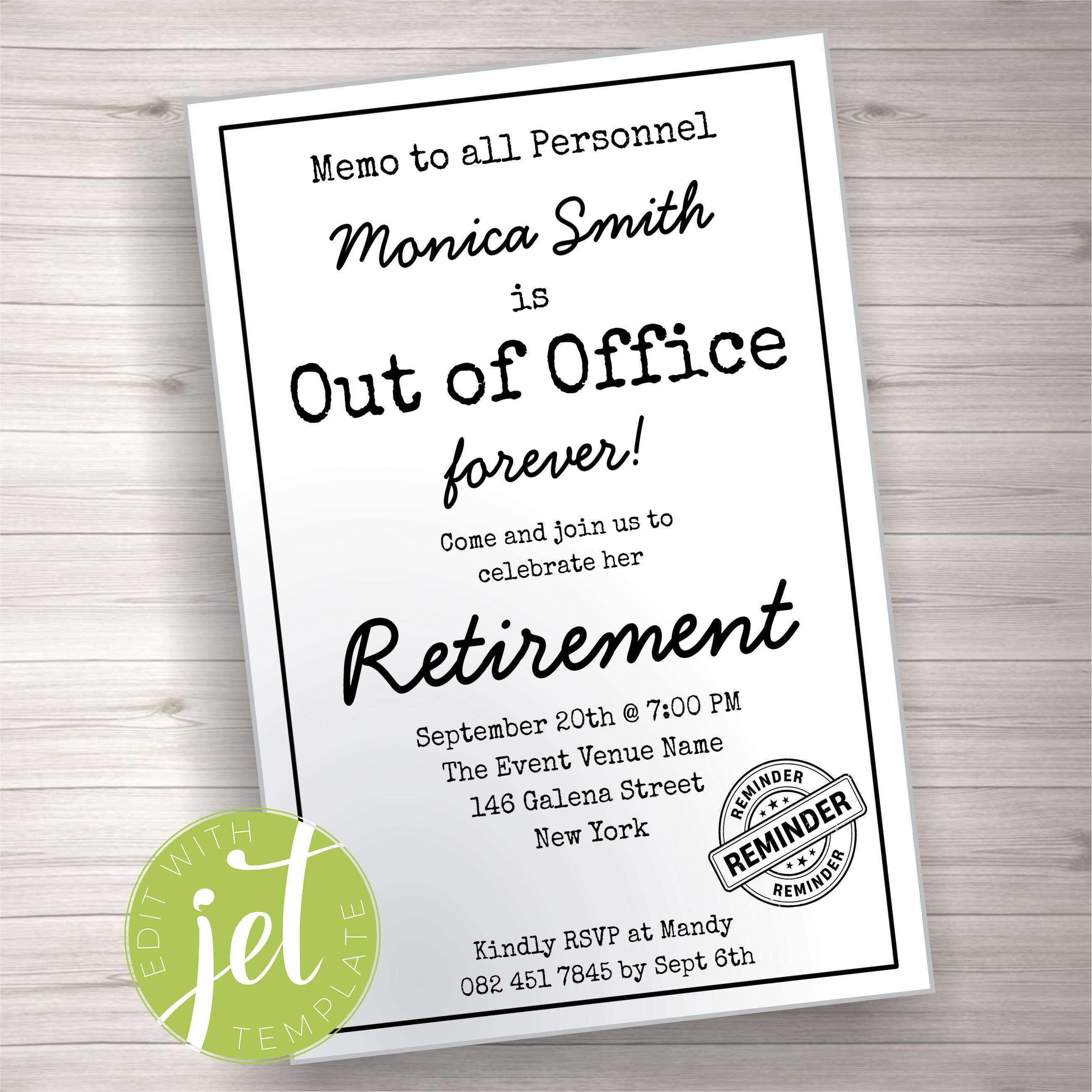 Editable Funny Out of Office Forever Retirement Party Memo, Retirement ...