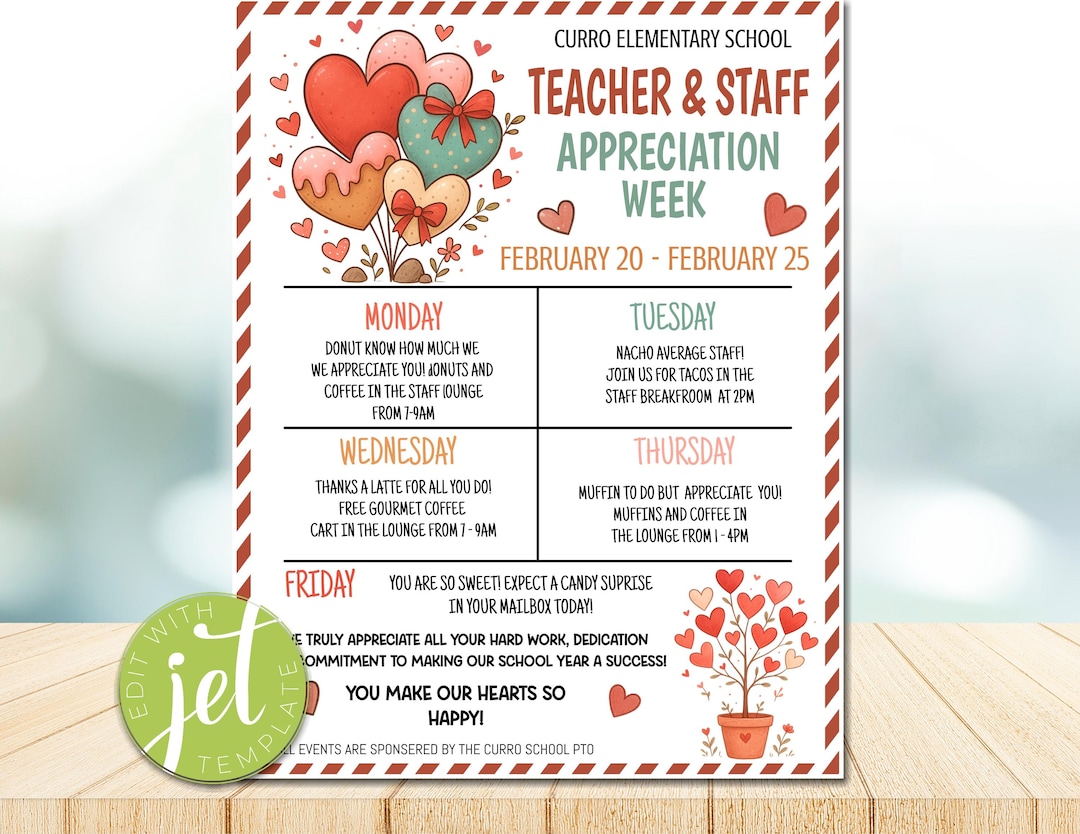 EDITABLE Valentine's Day Teacher Appreciation Week Itinerary Flyer ...