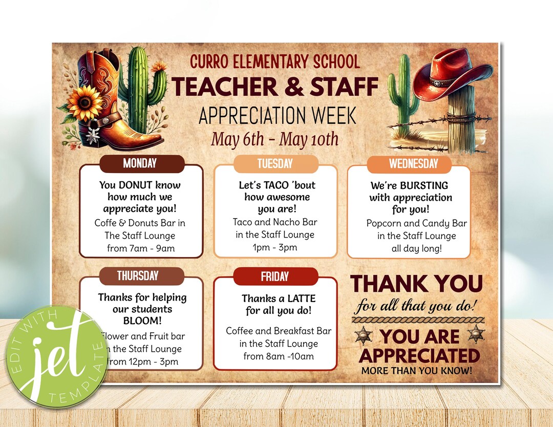 Editable Western Themed Teacher Appreciation Week Itinerary Poster ...