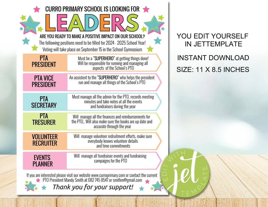 Editable PTO PTA Election Positions Volunteer Board Member Flyer, PTO ...