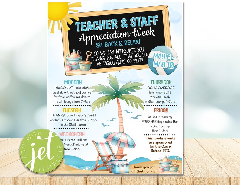 Editable Beach Themed Teacher Appreciation Week Itinerary Coastal Sea ...