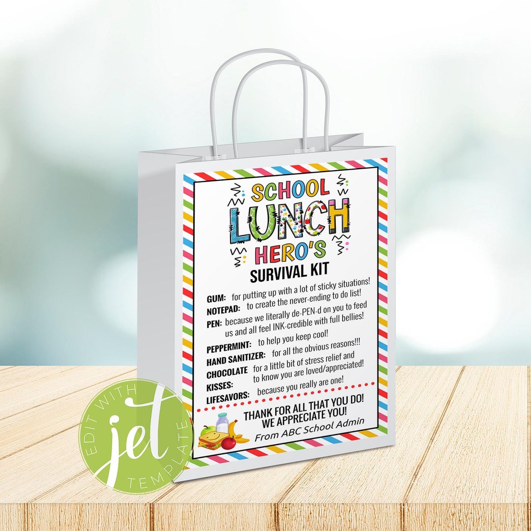 EDITABLE School Lunch Worker Survival Kit Gift Bag Label, National ...