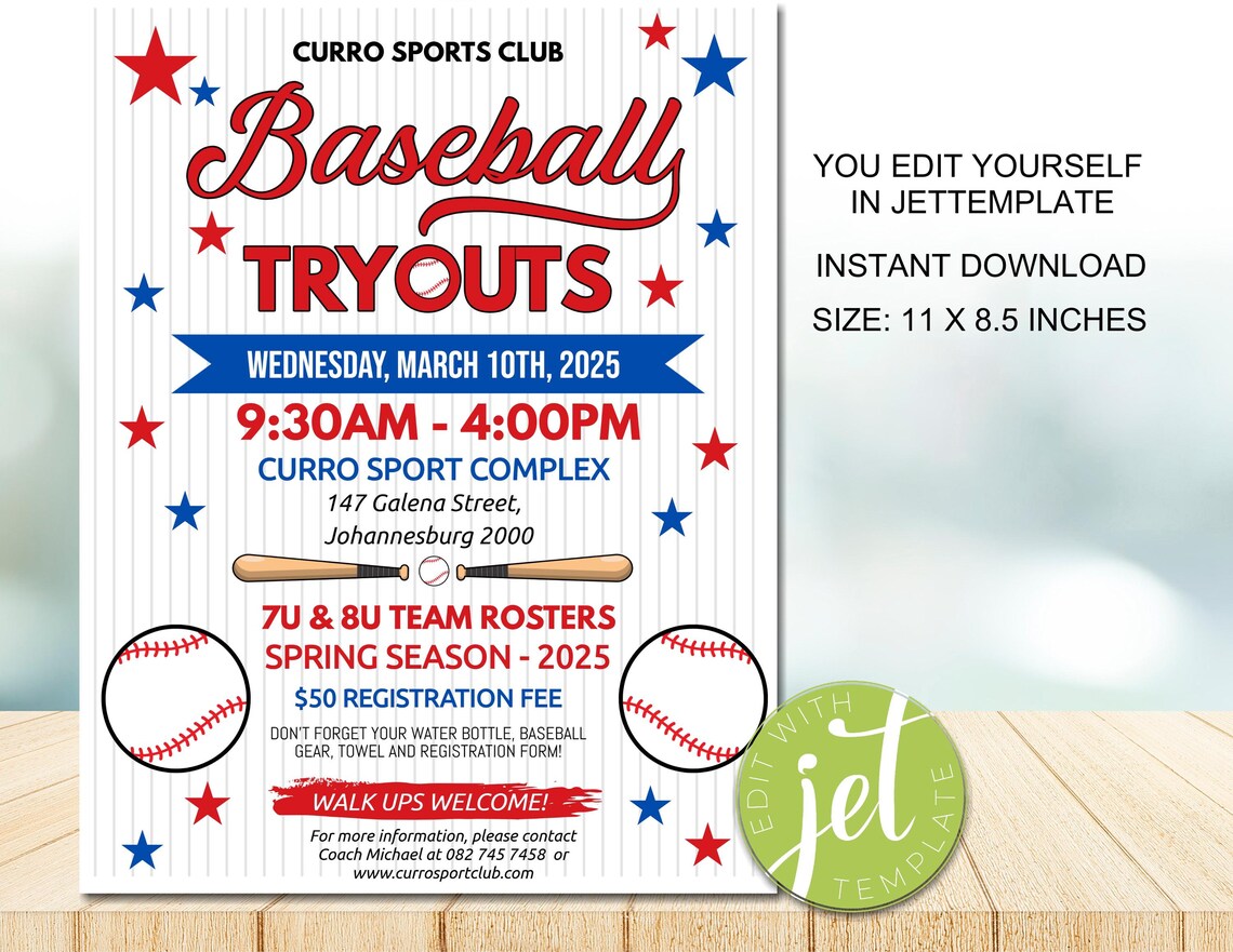 Editable Baseball Tryout Flyer Template, Baseball Team Registration ...