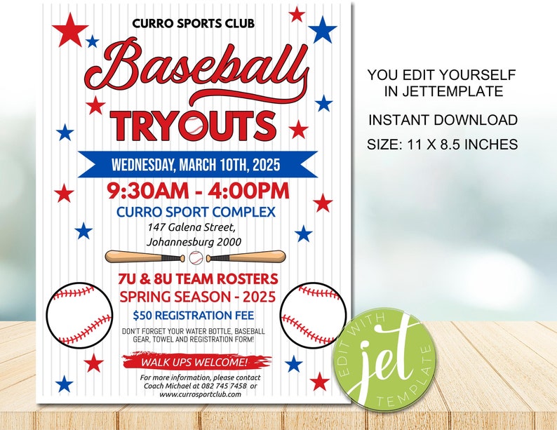 Editable Baseball Tryout Flyer Template, Baseball Team Registration ...