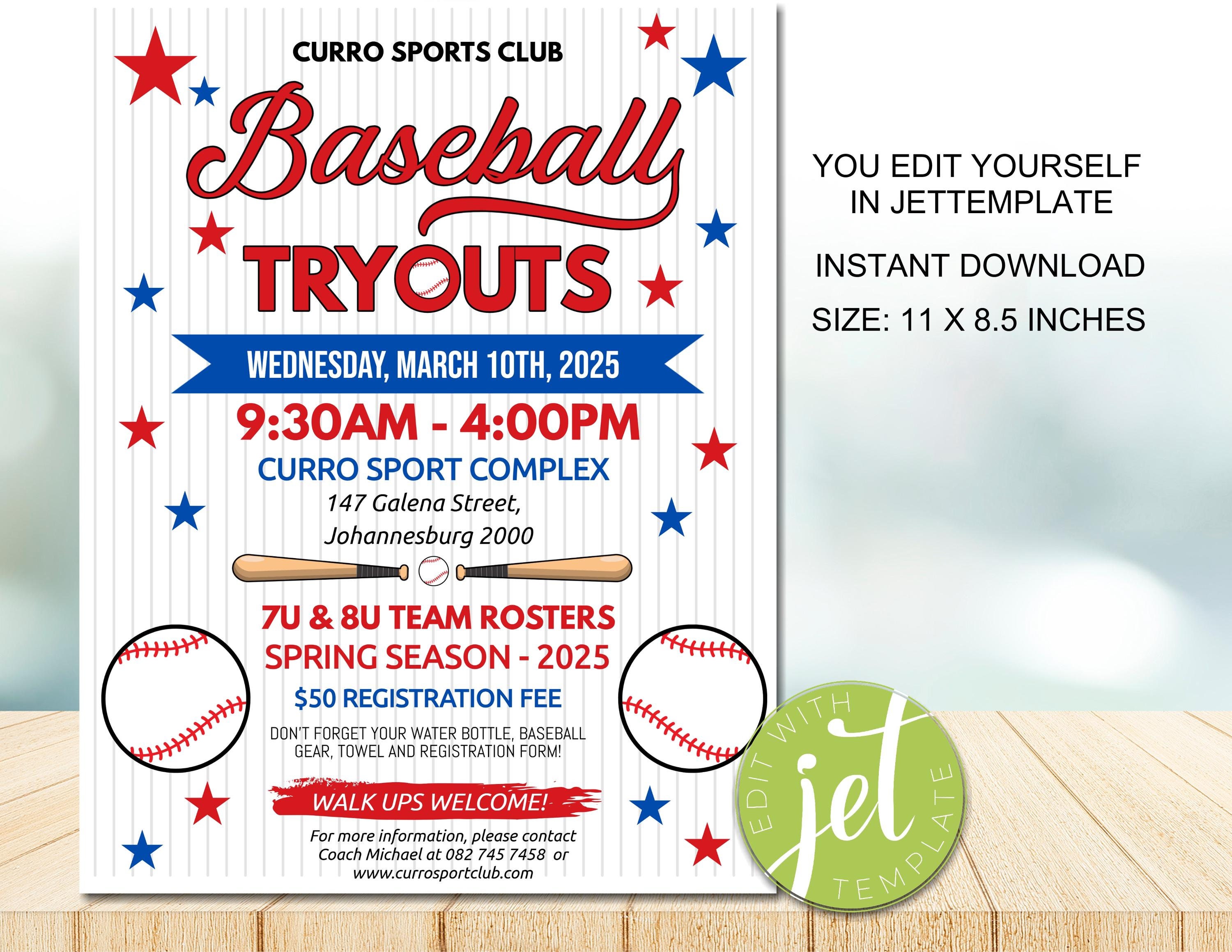 Editable Baseball Tryout Flyer Template, Baseball Team Registration ...
