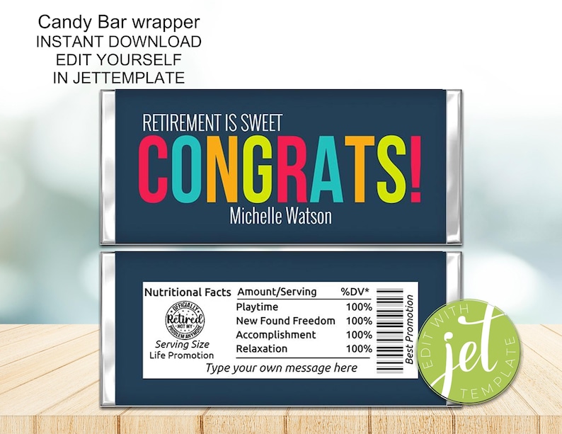 Editable RETIREMENT is Sweet, Digital Download Candy Bar Wrappers ...