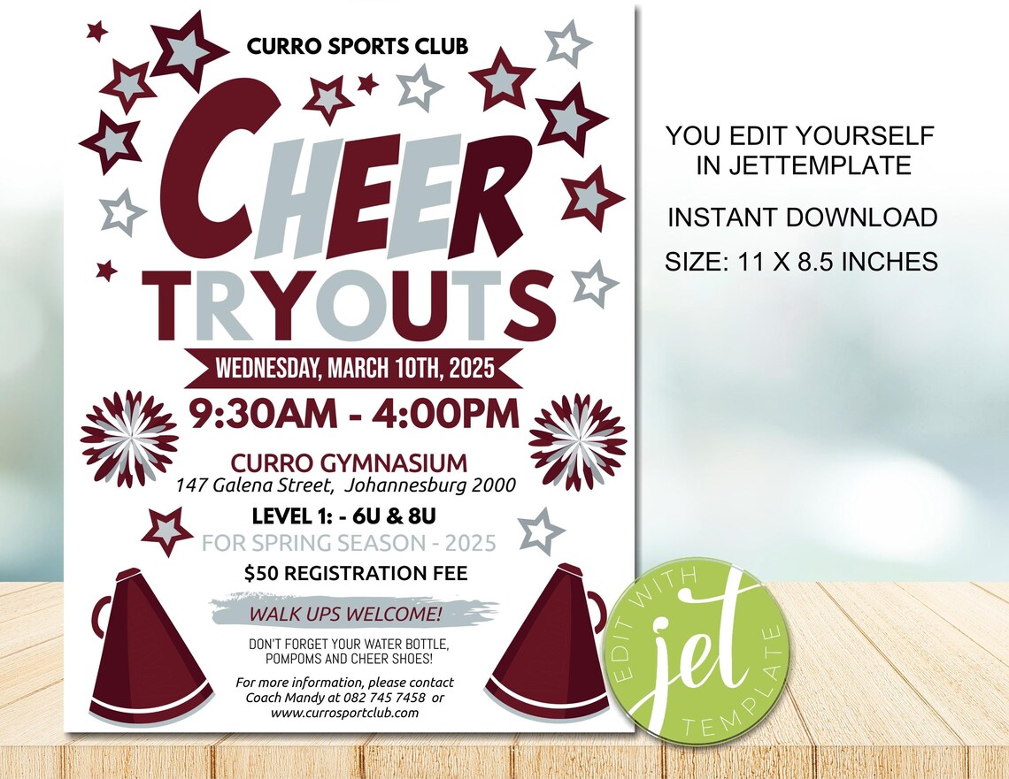 Editable Cheer Tryout Flyer Template, Cheerleading Team Tryouts ...