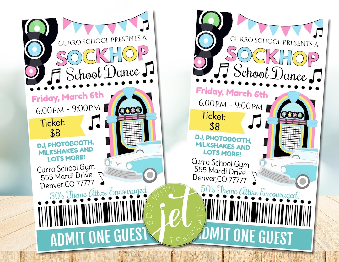EDITABLE 50's Sock Hop Dance Fundraiser Ticket, Sock Hop, Fundraiser ...