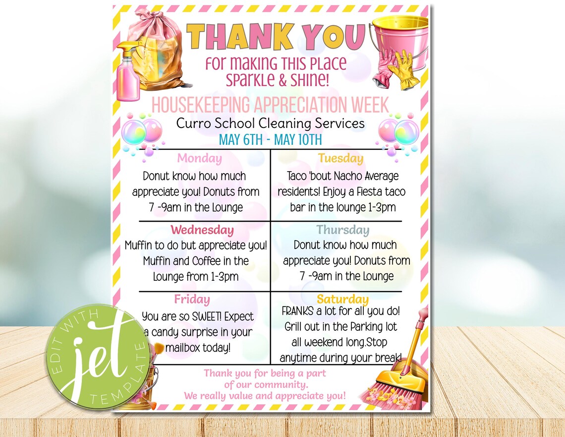 Editable Housekeeping Appreciation Week Itinerary, Thank You ...