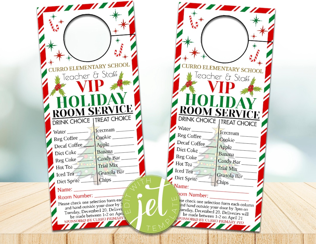 Editable Holiday Room Service Door Hanger, Staff Appreciation Teacher ...