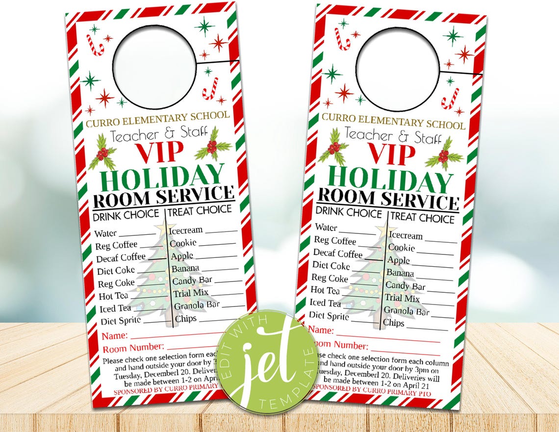 Editable Holiday Room Service Door Hanger, Staff Appreciation Teacher ...