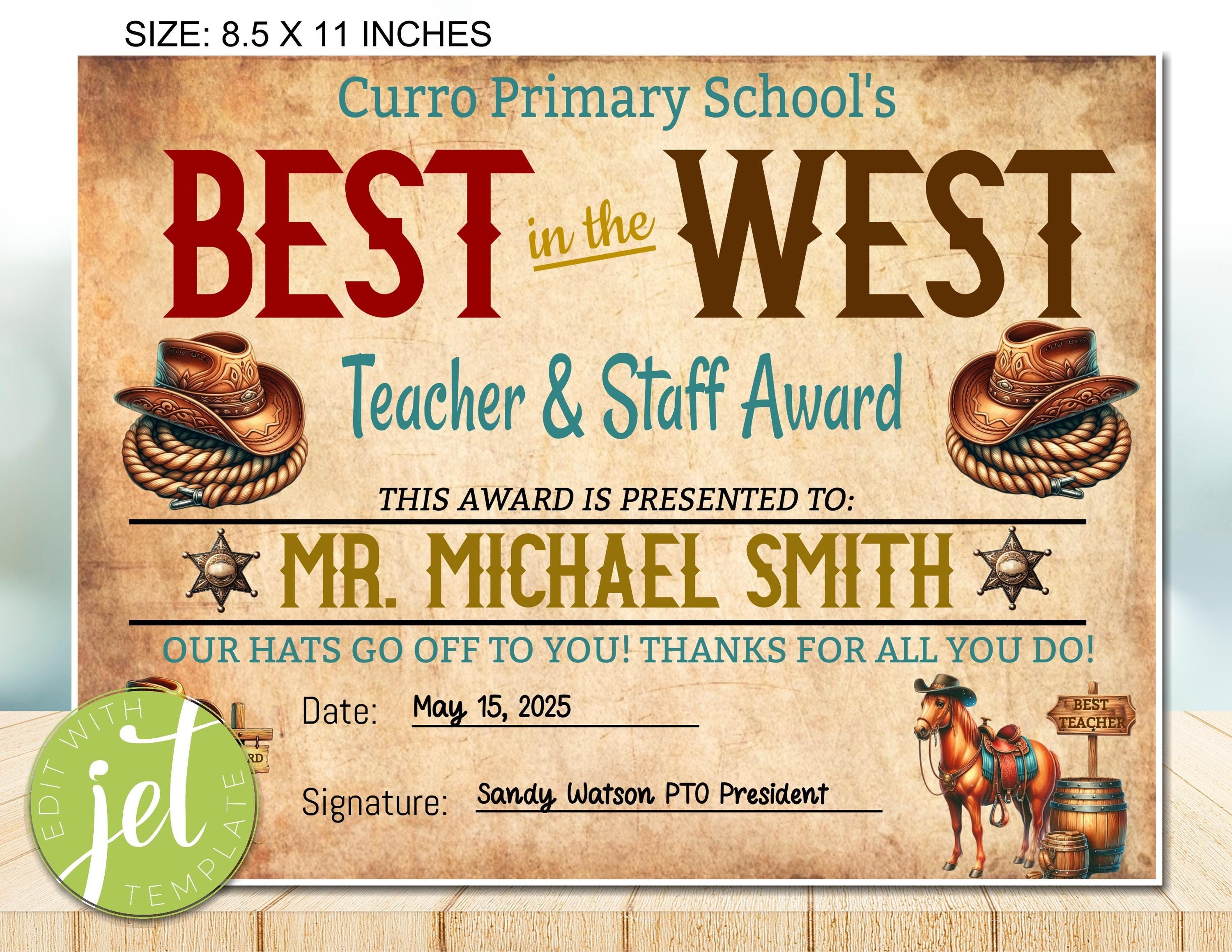 EDITABLE Western Theme Teacher Appreciation Week Award Certificates ...
