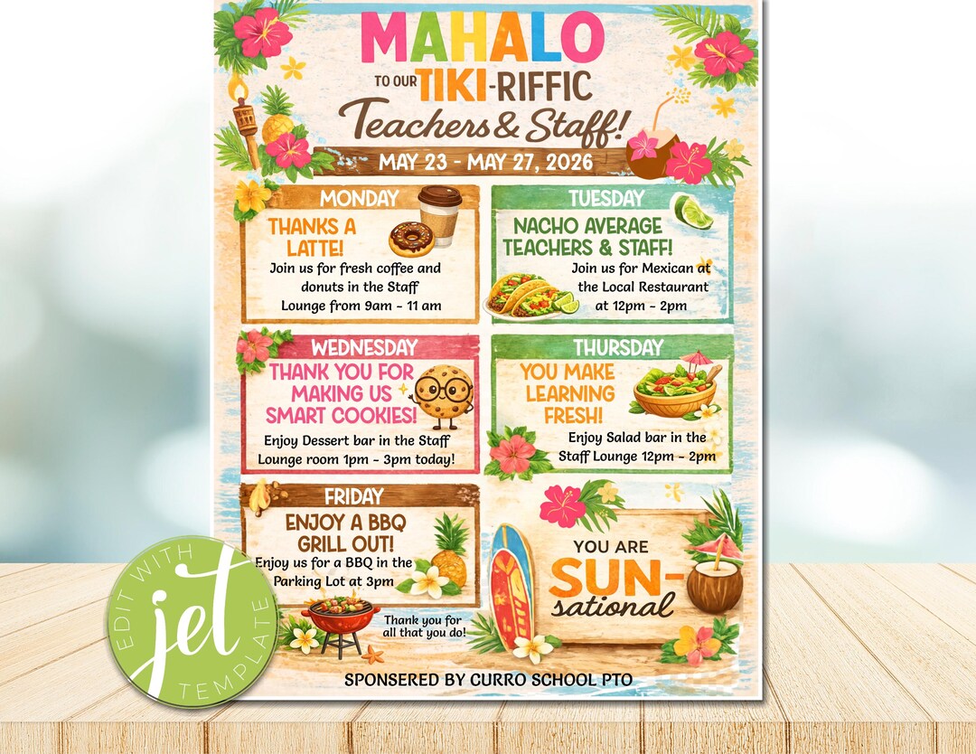 Hawaiian Teacher Appreciation Week Itinerary Printable | Tropical Luau ...