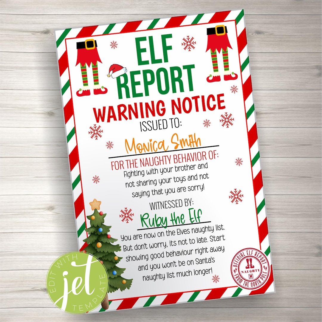 Editable Elf Warning Notice, Christmas Kids Holiday Elf Printable ...