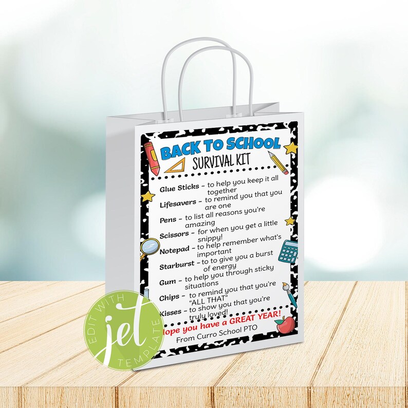 Editable Back to School Survival Kit, Gift Bag Label, Gift Card, Back ...