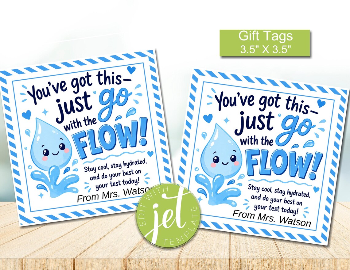 Water Bottle Gift Tag, Good Luck Test Encouragement Label, Digital ...