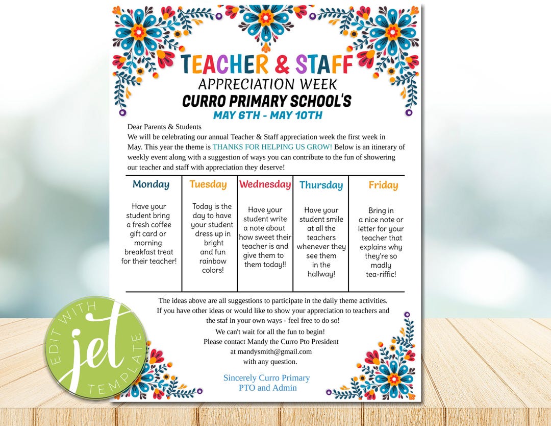 EDITABLE Floral Bloom Theme Teacher Appreciation Invitation Newsletter ...