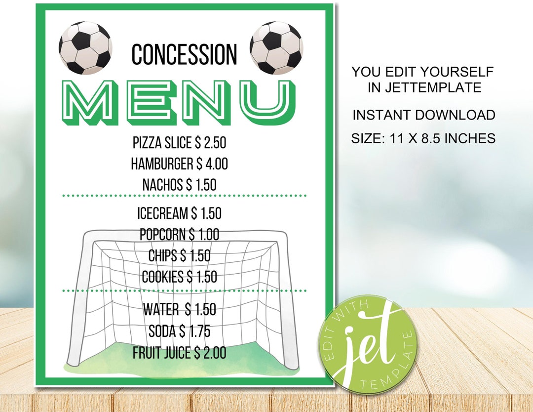 Editable Soccer Concession Menu Theme, Concession Menu Template ...