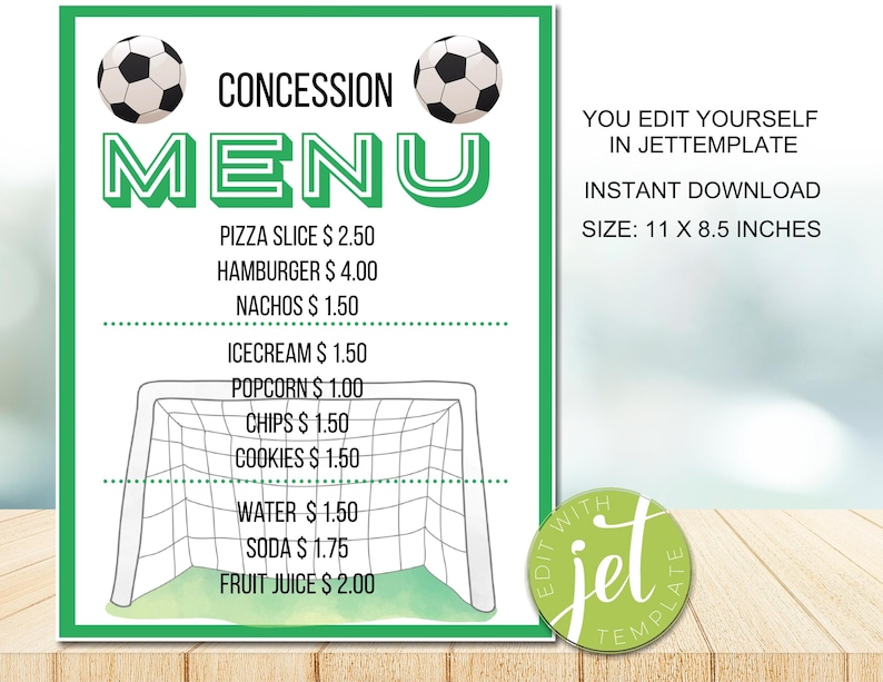 Editable Soccer Concession Menu Theme, Concession Menu Template ...