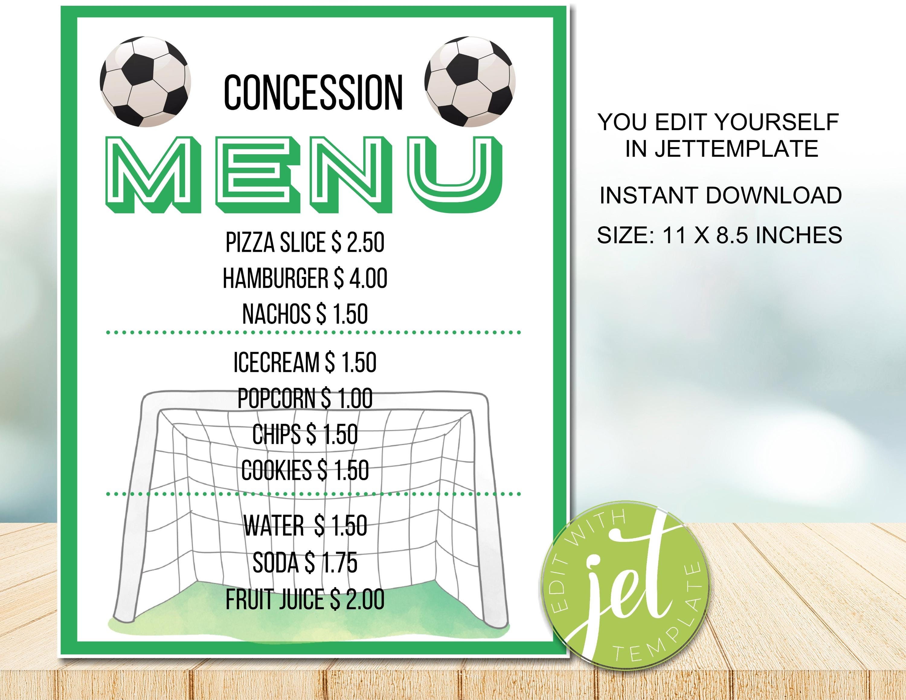 Editable Soccer Concession Menu Theme, Concession Menu Template ...