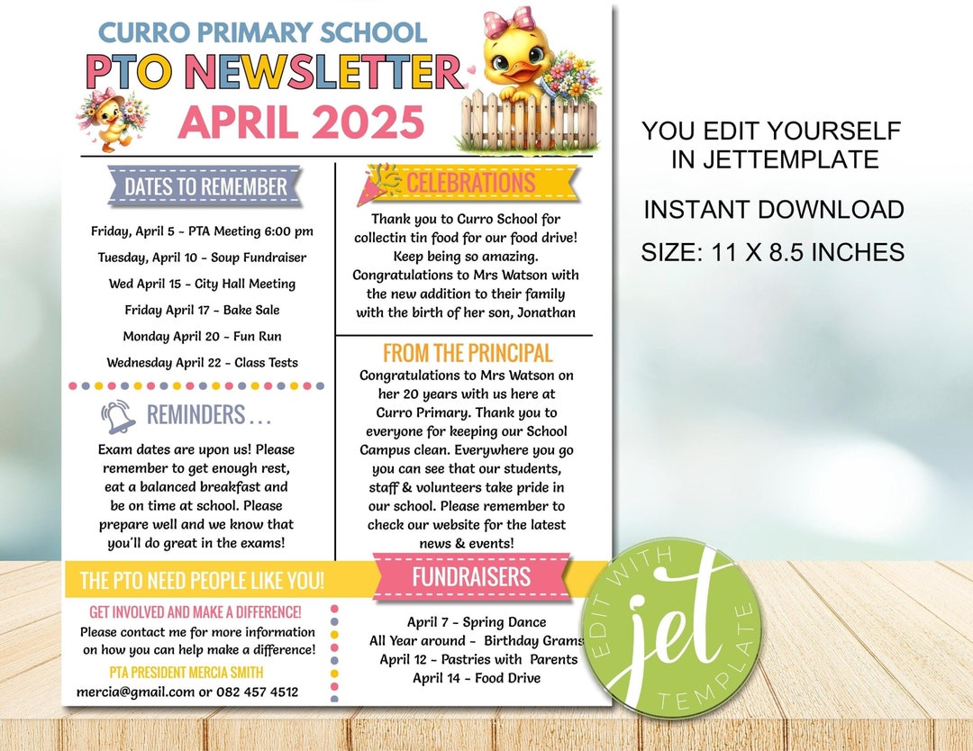 Editable April Newsletter Template, Spring PTO PTA School News, Spring ...