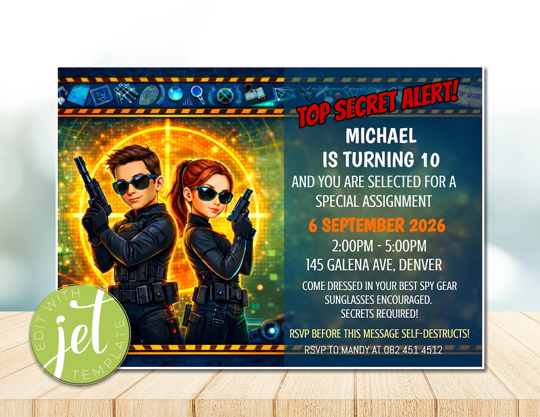 Spy Birthday Party Invitation Template Editable, Secret Agent Invite ...