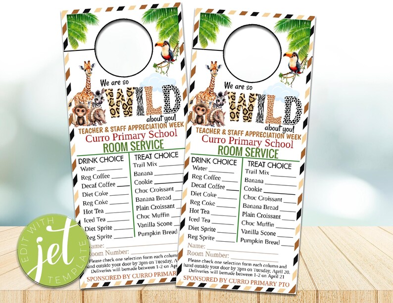 Editable Jungle Theme Teacher Appreciation Week Printable Room Service ...