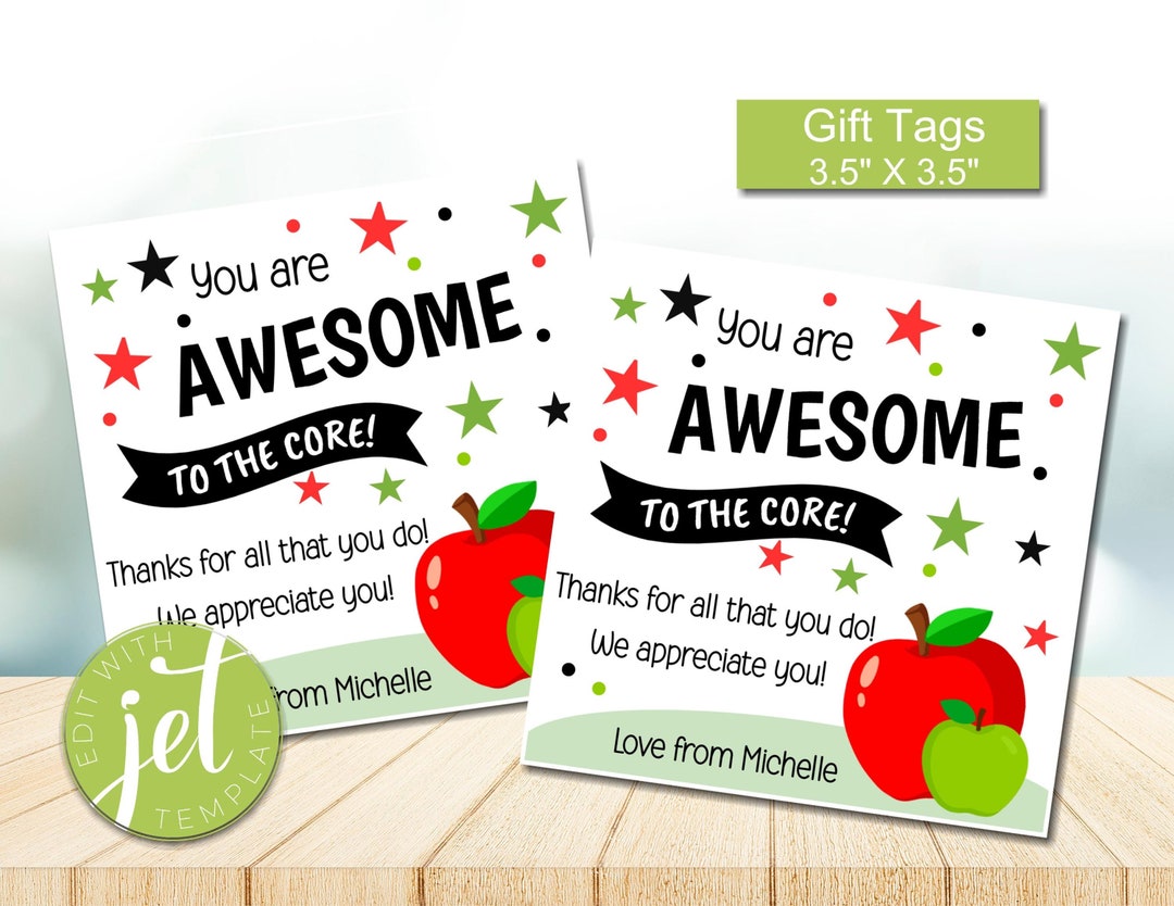 Editable Apple Appreciation Tags You Are Awesome to the Core Fall ...