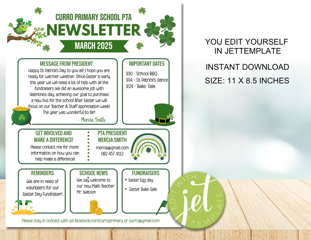Editable March Newsletter Template, St Patrick's PTO PTA School News ...